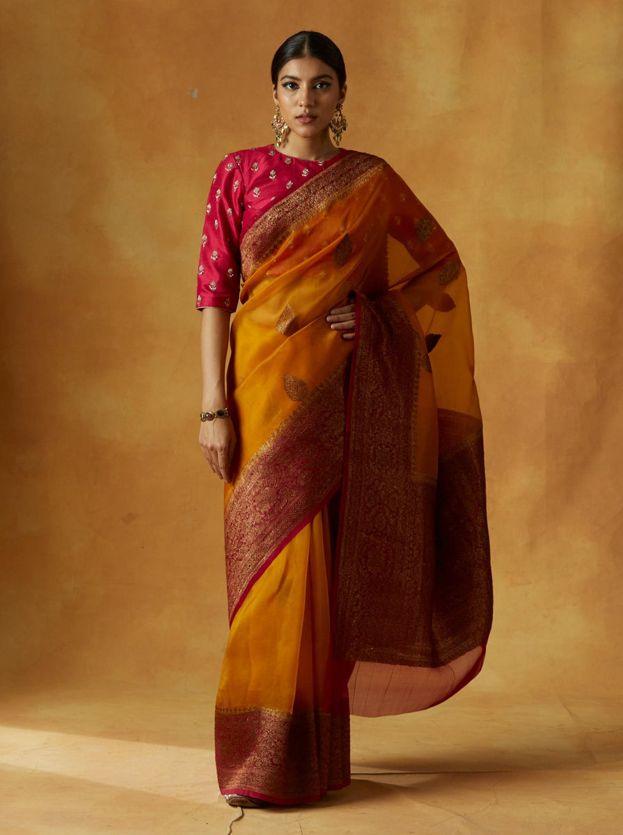 Mustard & Maroon Handwoven Pure Organza Sari – Sandook Collective
