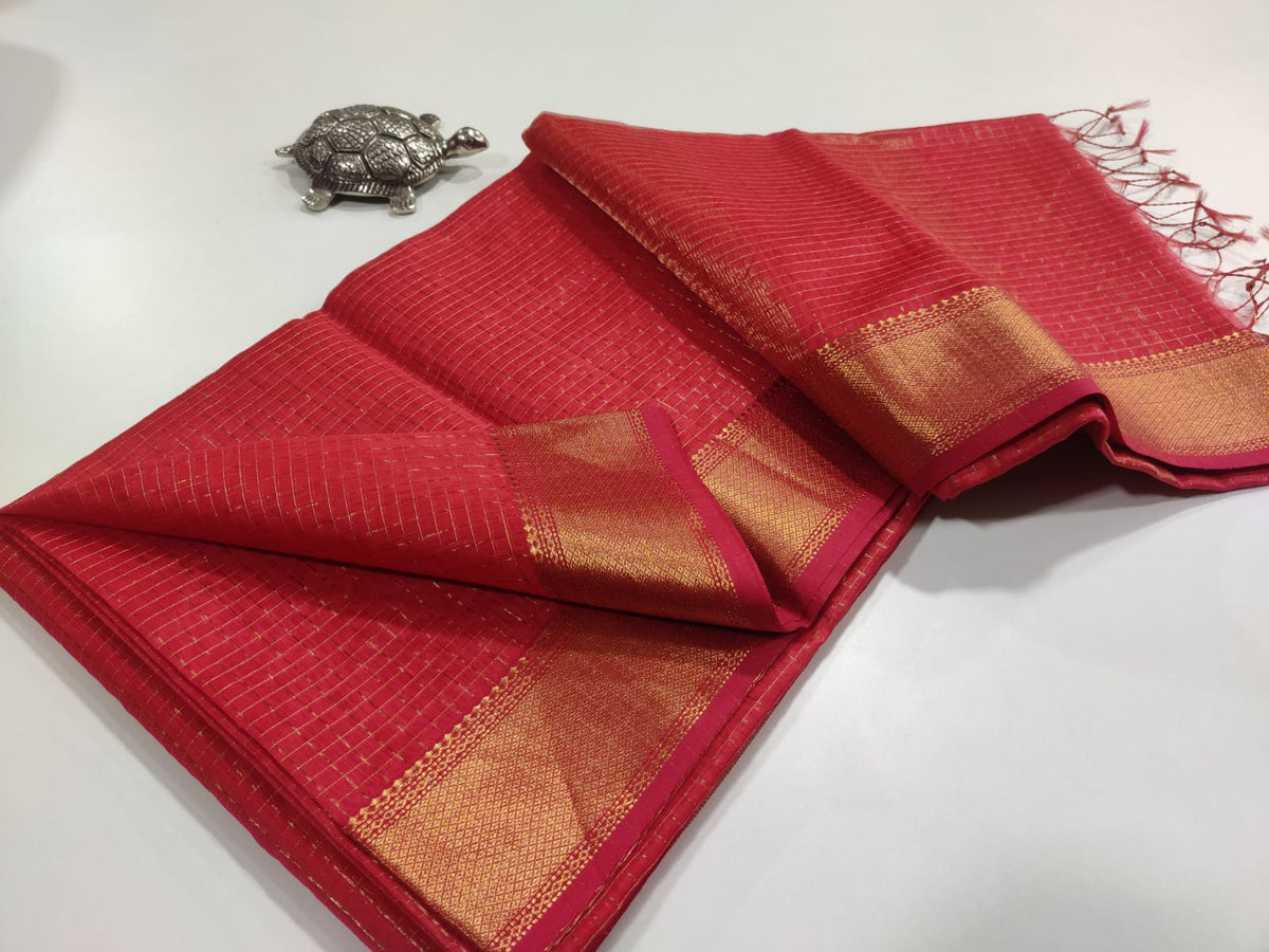 Handloom Silk Cotton Maheshwari Saree with Zari border and gold checks ...